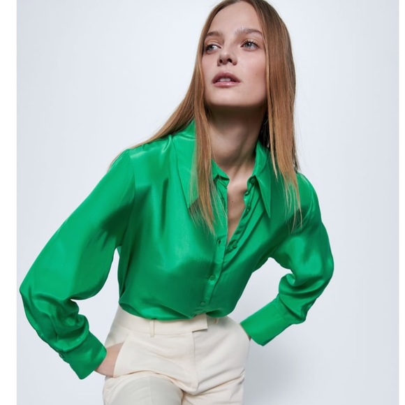 Zara | Tops | Zara Kelly Green Silk Effect Blouse | Poshmark
